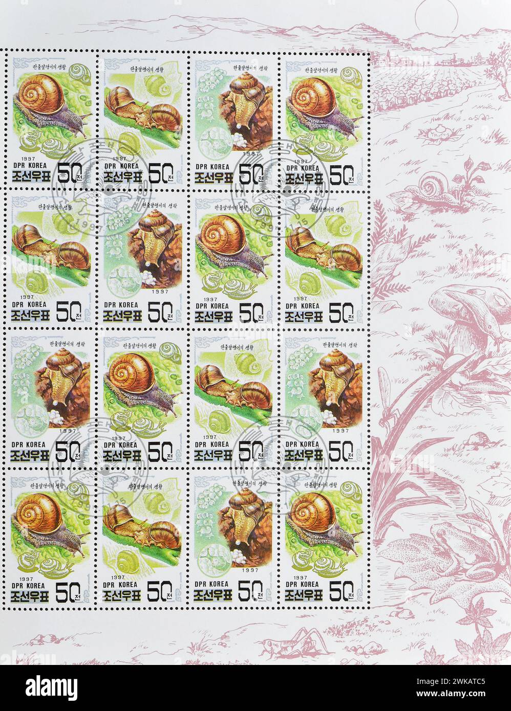 Souvenir sheet with cancelled postage stamps printed by North Korea ...