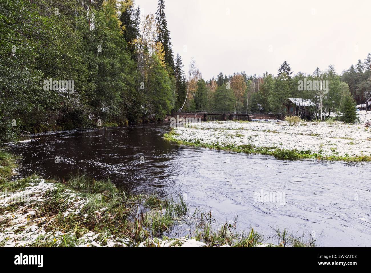 Volchya river landscape with the Old Finnish hydroelectric plant on the ...