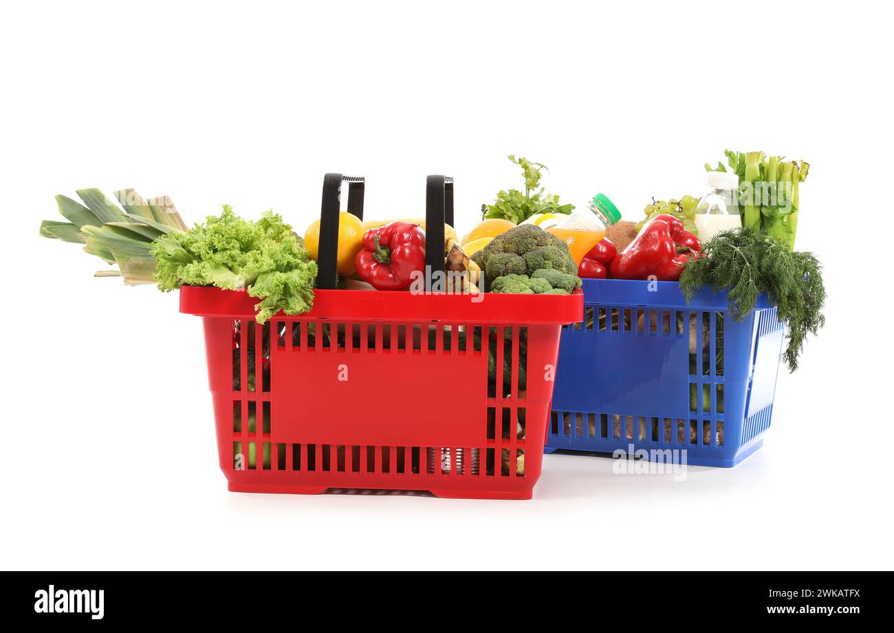 Shopping baskets full of food isolated on white background Stock Photo ...