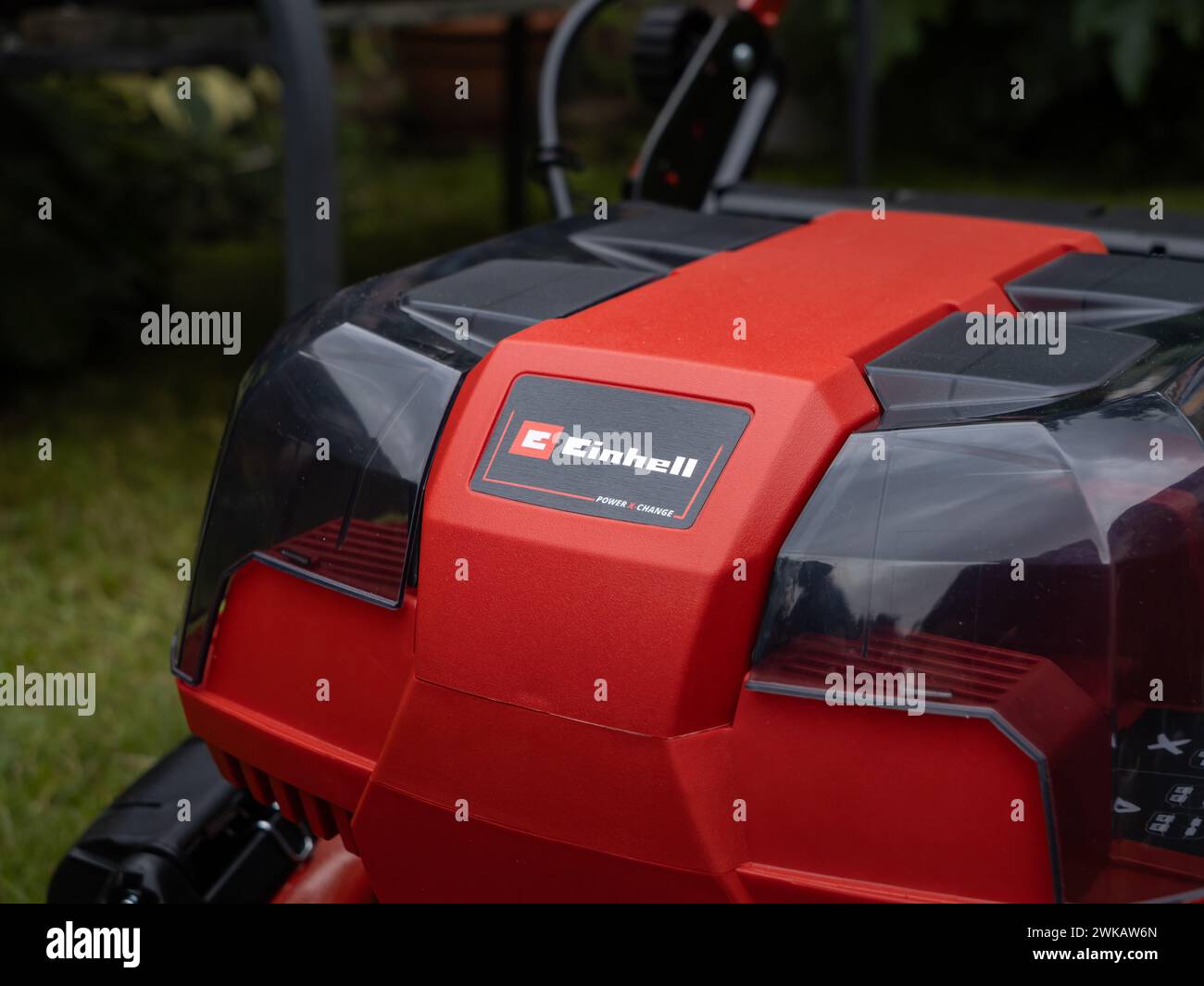 Einhell logo on the cordless lawn mower GP-CM 36 47 S HW Li. The Power ...