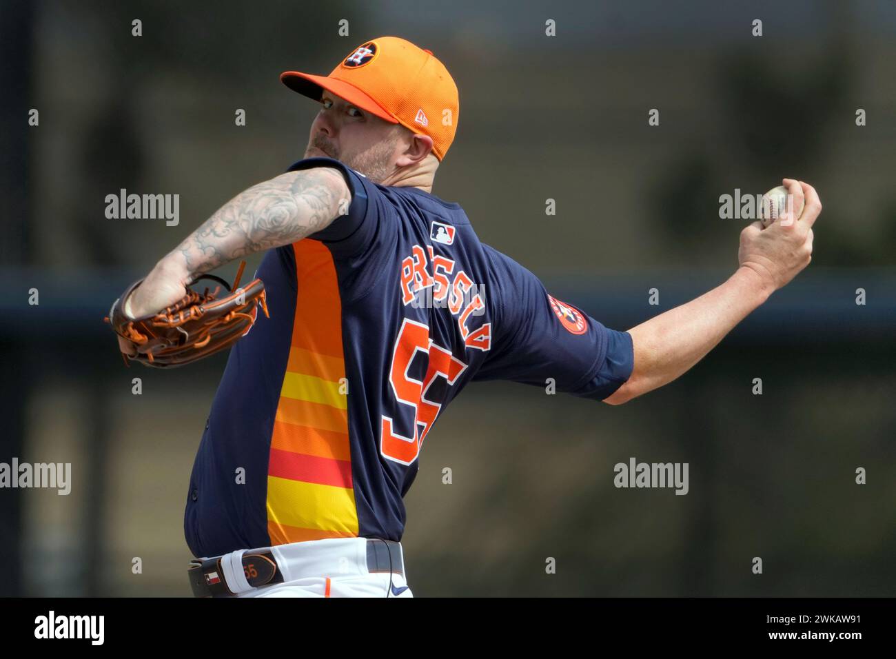 Houston Astros pitcher Ryan Pressly throws live batting practice during ...