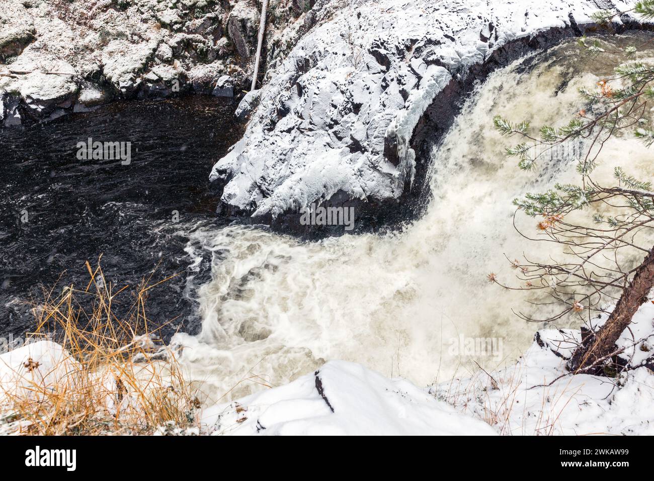Fast water of cascade waterfall, winter landscape. Kivach Falls on a ...