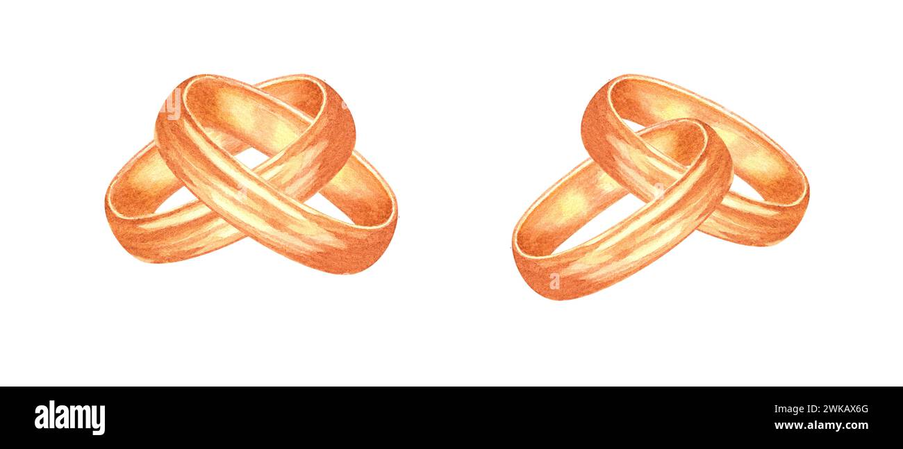 Pairs of golden wedding rings. Engagement intertwined rings. Set of ...