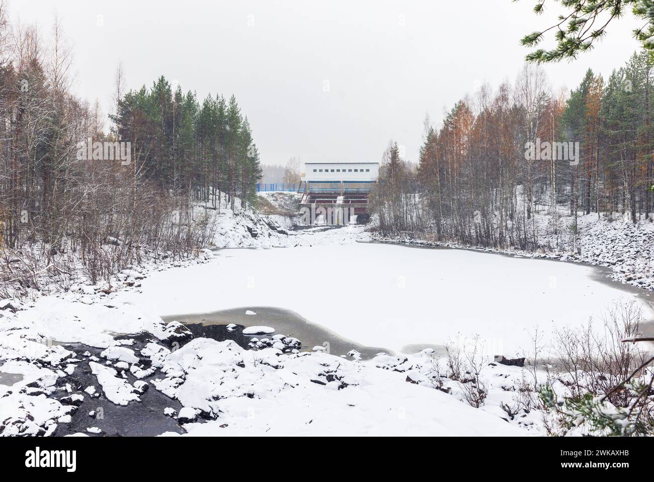 Winter landscape with Palyeozerskaya hydroelectric power station on the ...