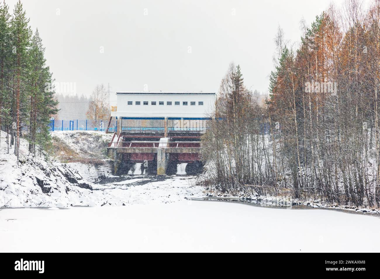 Winter landscape with Palyeozerskaya hydroelectric power station on a ...