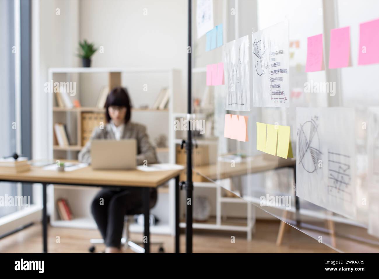 Focus on transparent glass board with graphs, charts and stickers Stock ...