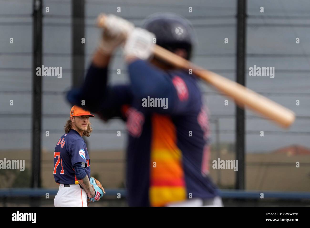 Houston Astros pitcher Josh Hader, left, throws live batting practice ...