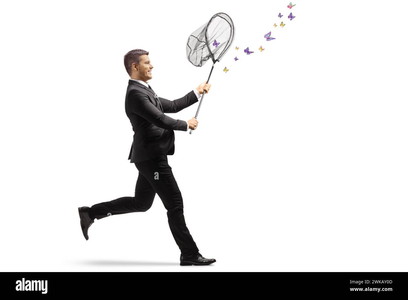 Businessman running and catching butterflies with a net isolated on ...
