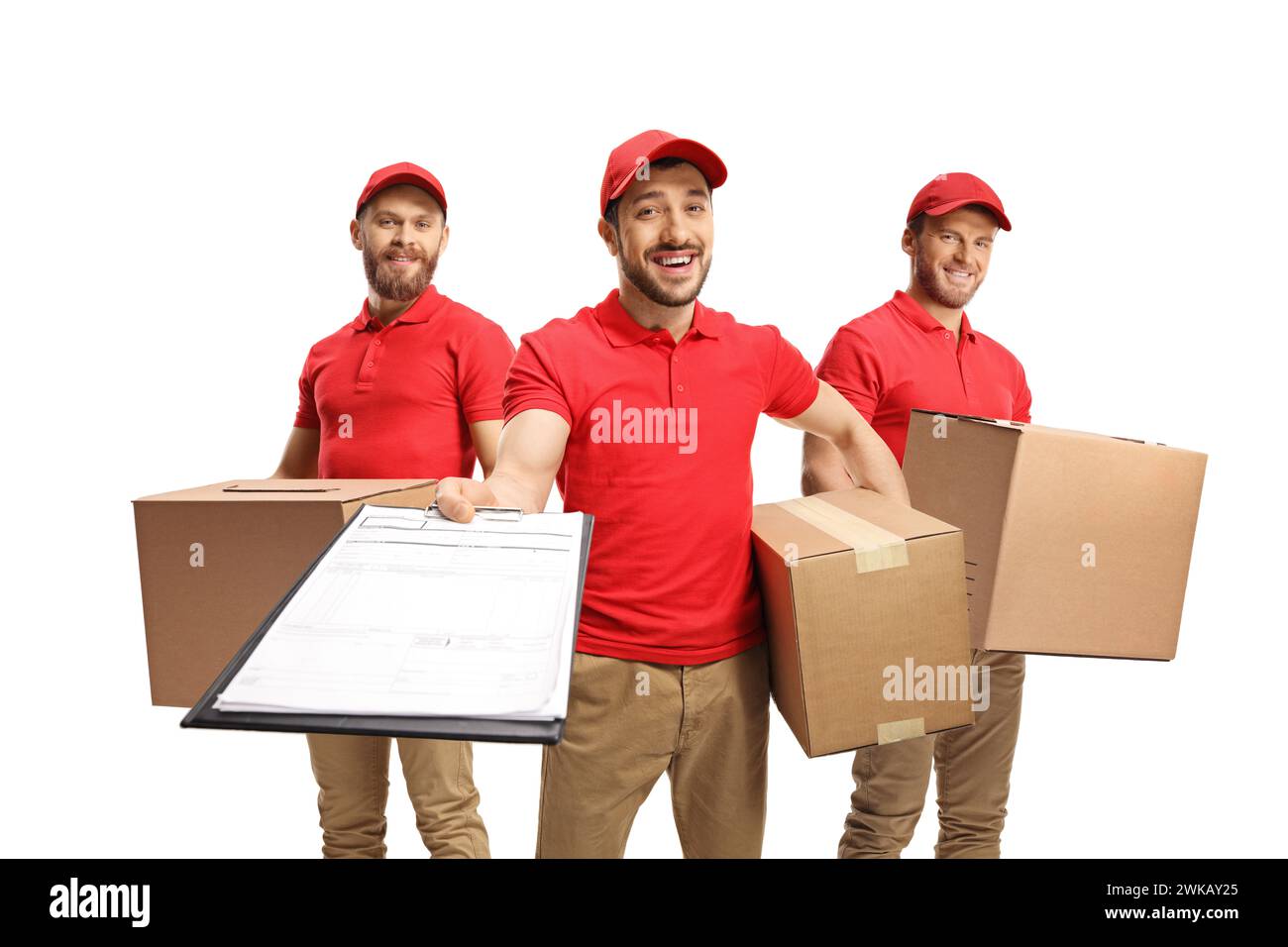 Delivery men with packages and a document for signing isolated on white ...