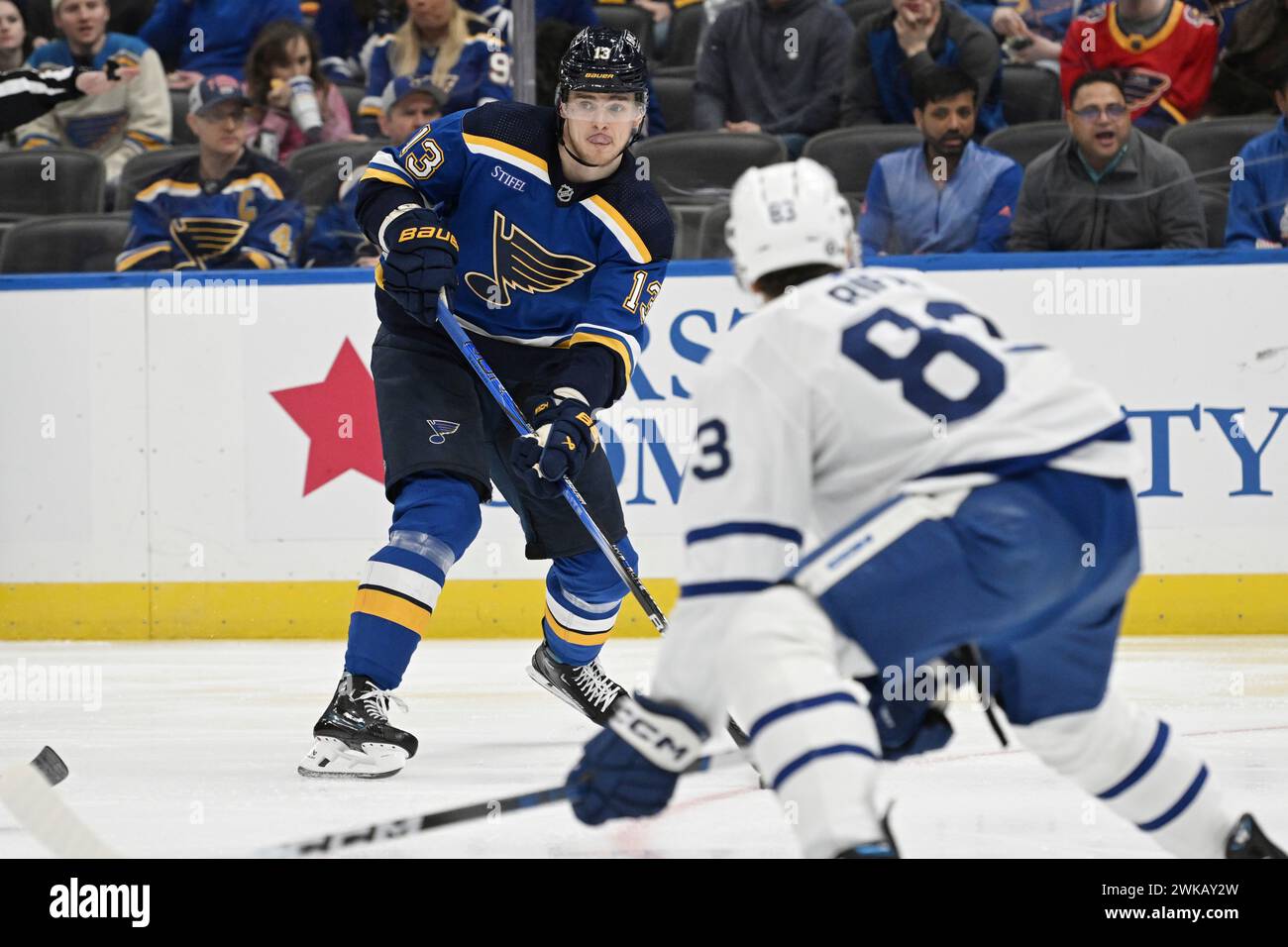 St. Louis Blues' Alexey Toropchenko (13) works the pucks against ...