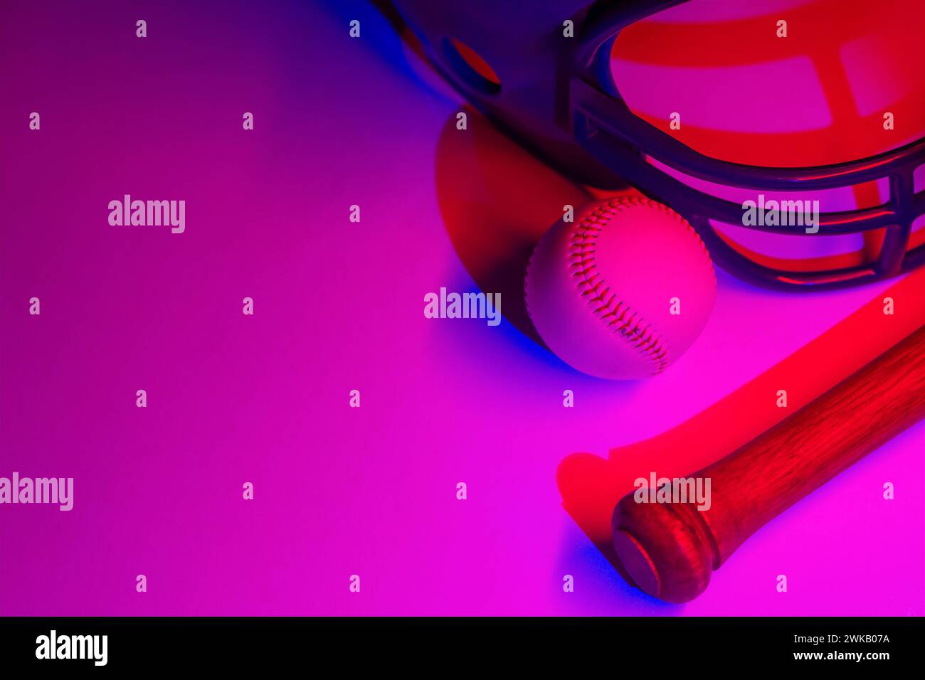 Baseball bat, hamlet and ball on pink background. Horizontal sport ...