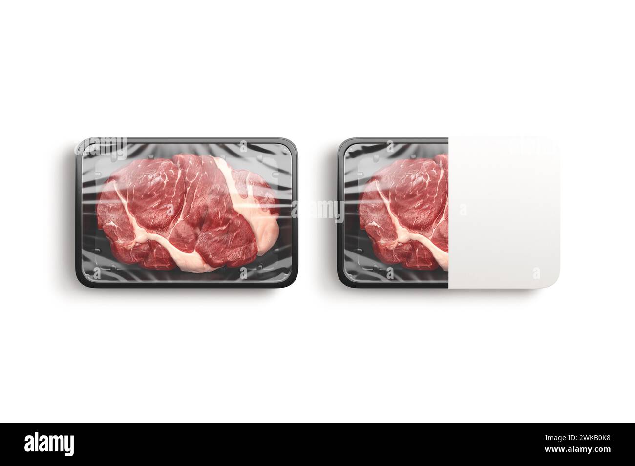 Blank transparent plastic beef tray with white label mockup, isolated ...
