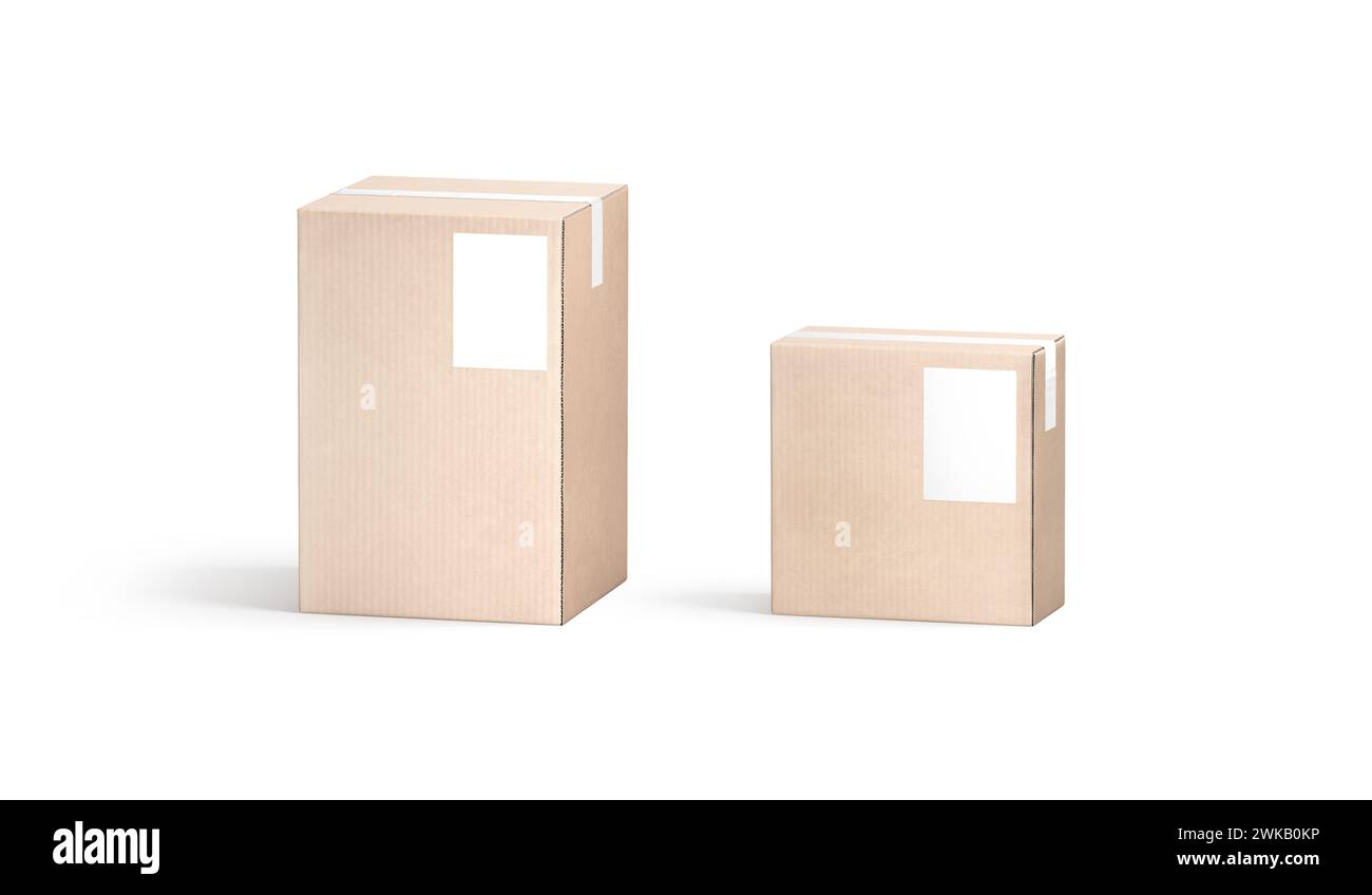 Blank white shipping label on craft box mockup, front view, 3d ...