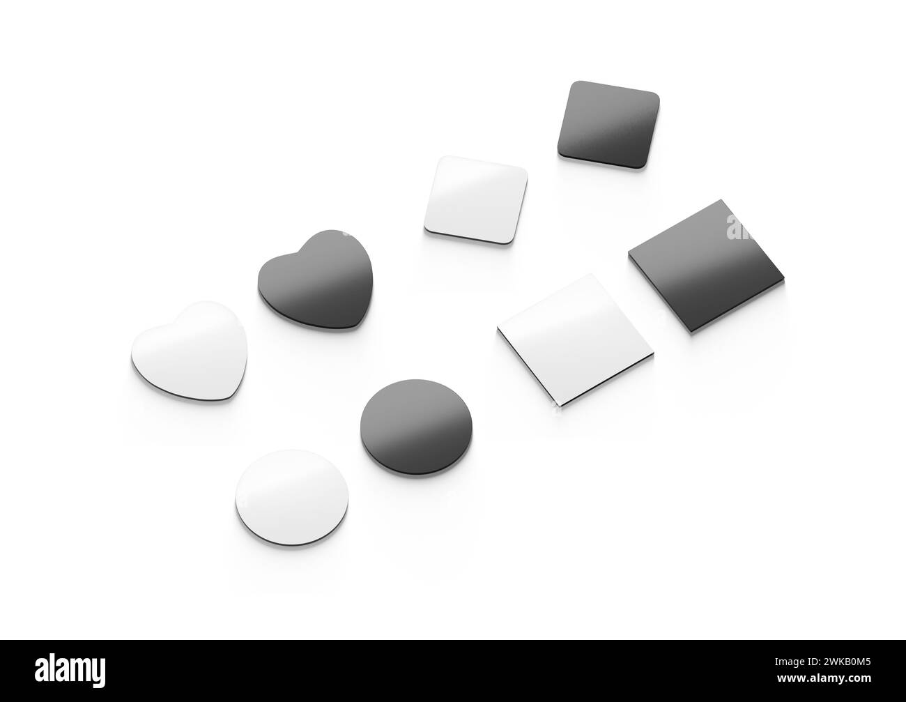 Blank black and white round, square, heart fridge magnet mockup, 3d ...