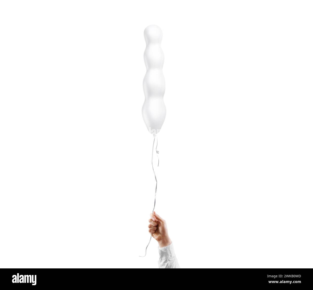 Hand holding blank white knobby balloon mockup, isolated, 3d rendering ...