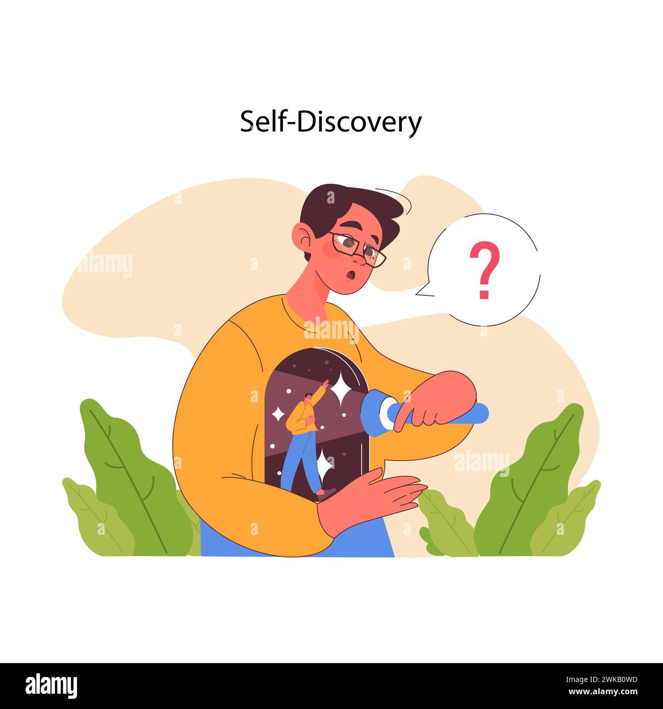 Self-discovery journey concept. Curious young man holding a flashlight ...