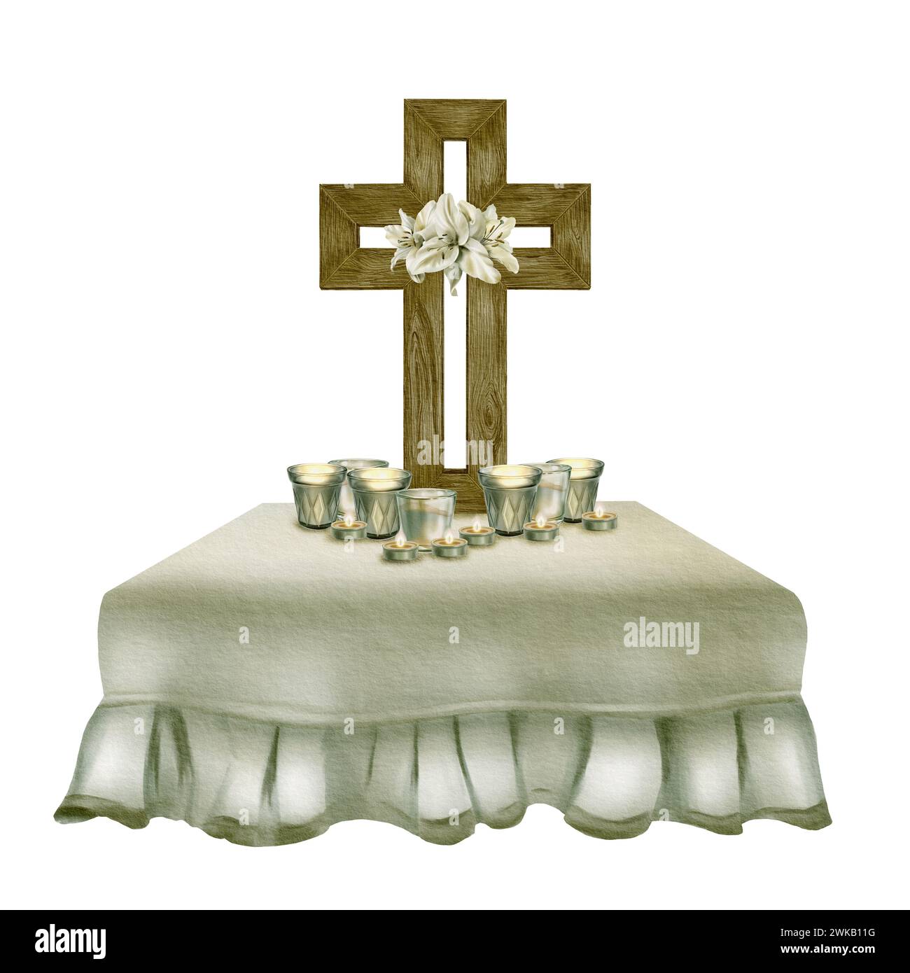 Watercolor religious composition of tablecloth with ruffles, Orthodox ...