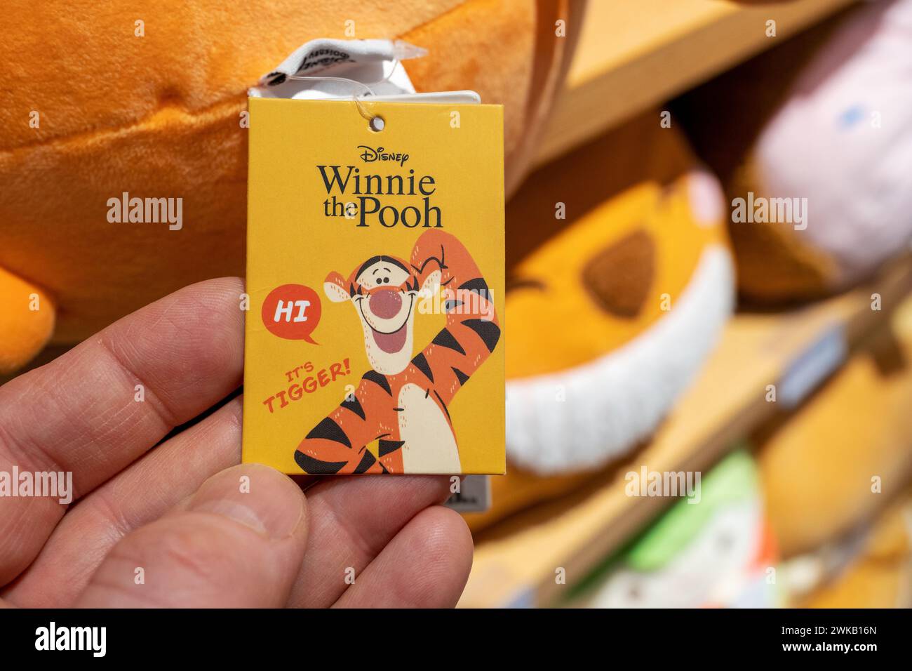 Disney toy label with company logo in the hands of a customer in a ...