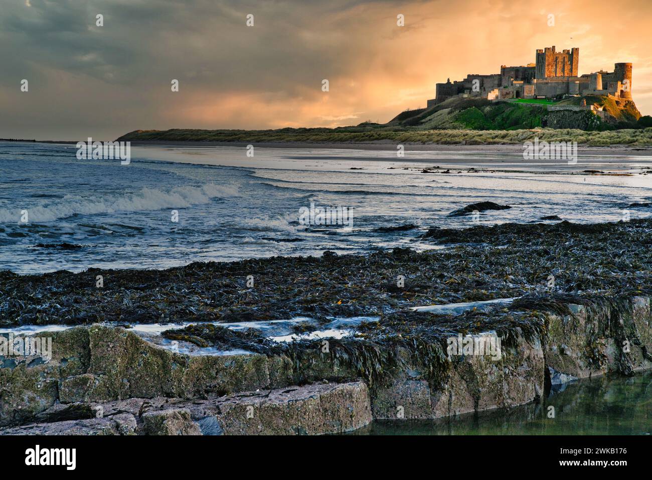 Bambrough castle viewed across the bay at low tide with a bright sky ...