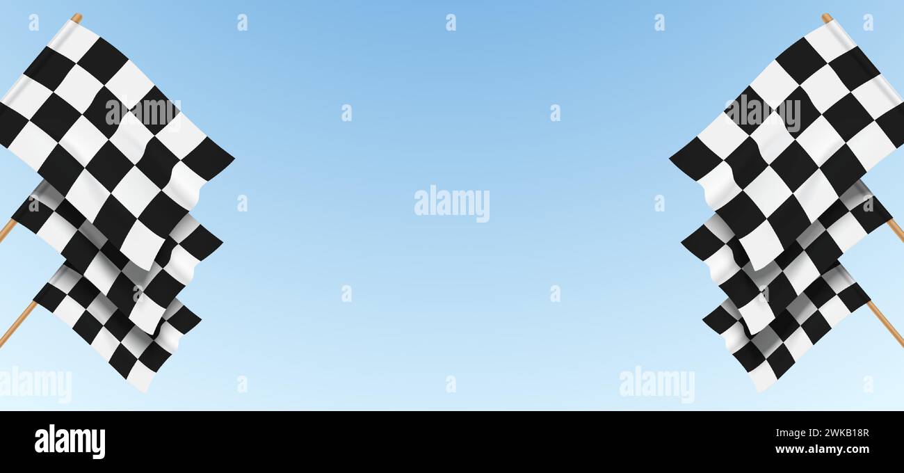 Checkered racing flags wave against a clear blue sky background with copy space, symbolizing the ...