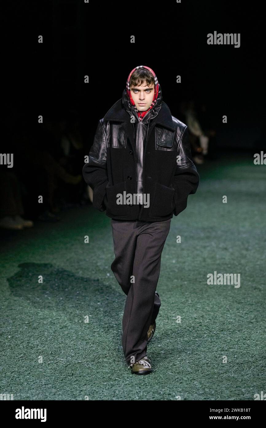 Lennon Gallagher wears a creation for the Burberry Winter 2024 fashion ...