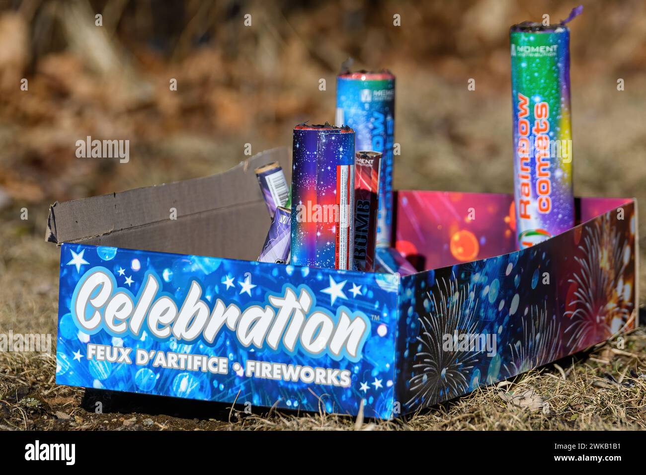 Saint John, NB, Canada - 2024-02-15: A colorful box of used fireworks ...