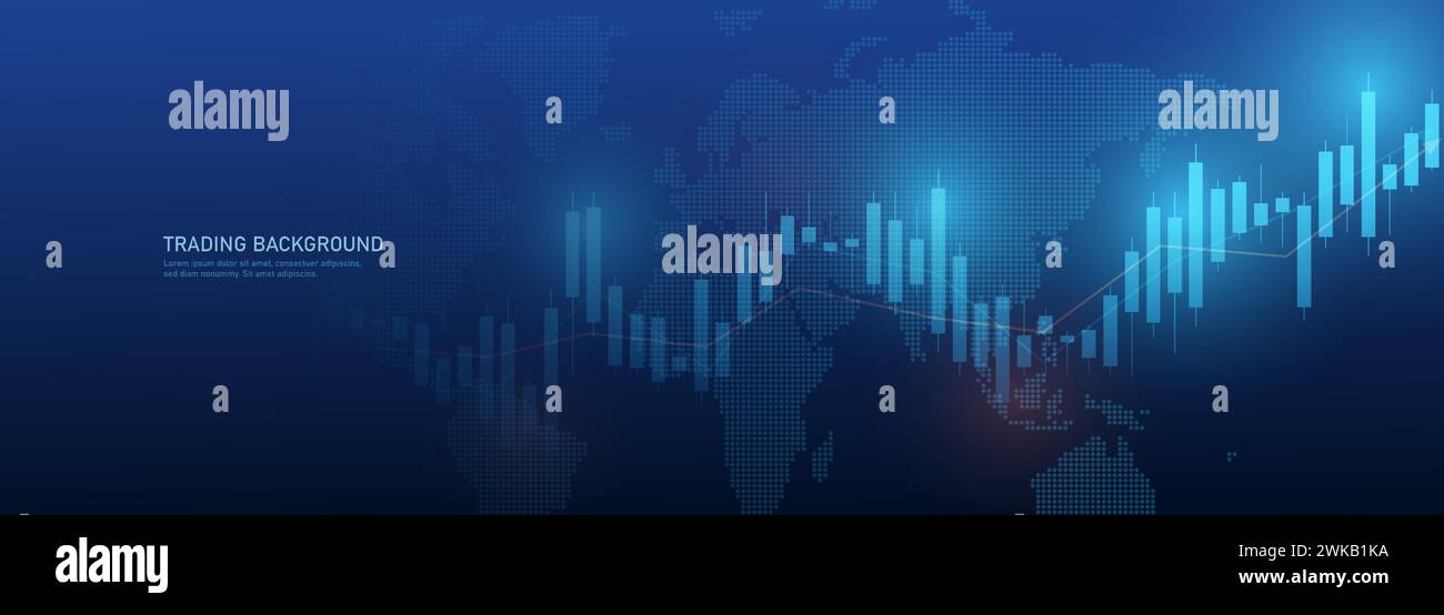 A business candle chart on a blue background with a global world map ...