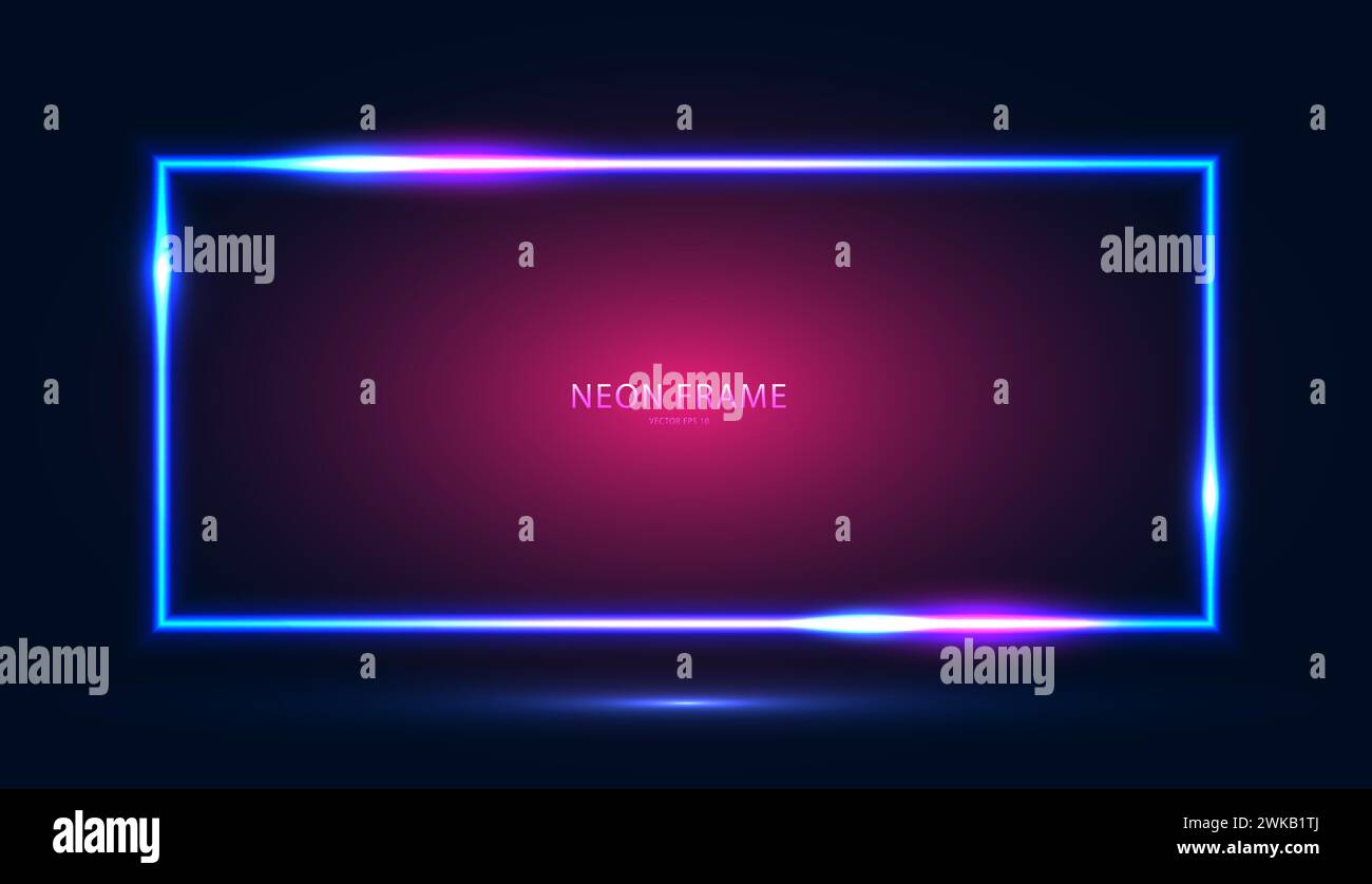 Neon rectangular frame with shining effects and highlights on a dark ...