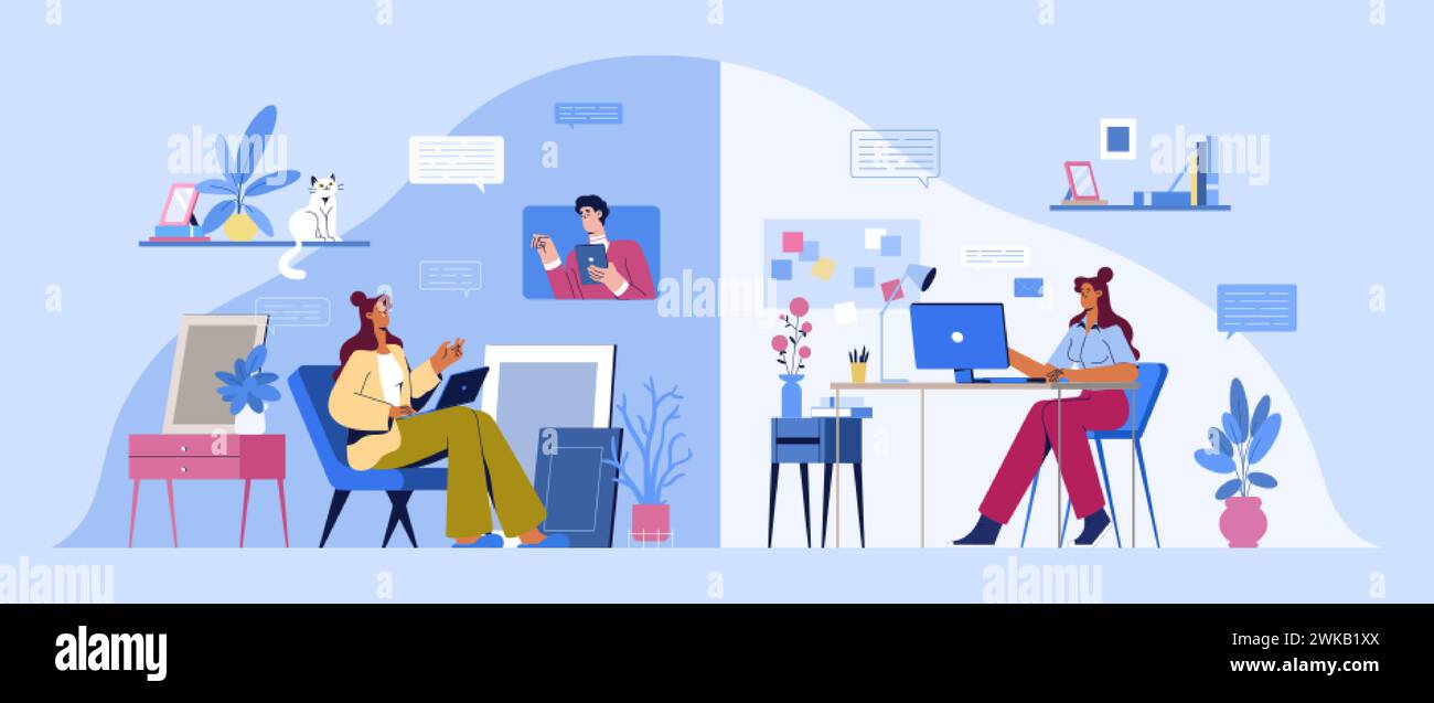 Hybrid work model or flexible schedule. Female employee working partly in office workplace and ...