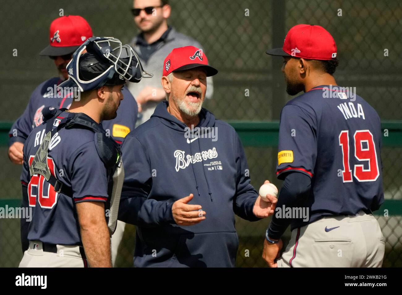 Atlanta Braves pitching coach Rick Kranitz talks with pitcher Huascar ...