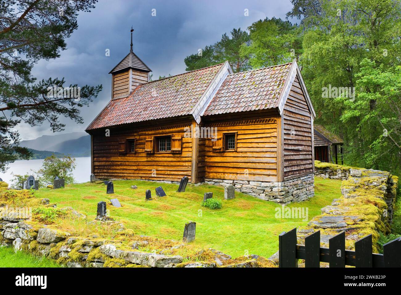 Historic wooden Hestad Chapel on the shore of Hestadfjorden, Norway ...