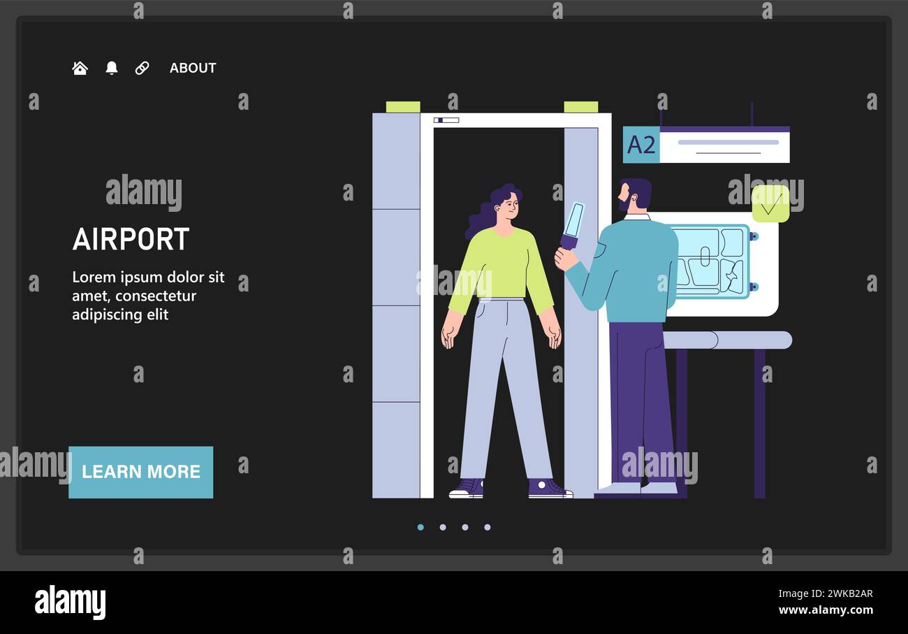 Airport security checkpoint web or landing. Characters with a suitcase ...