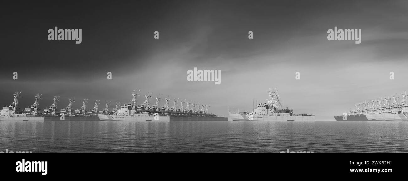 Monochromatic Majesty: Coast Guard Fleet Anchored in Quiet Waters Stock ...