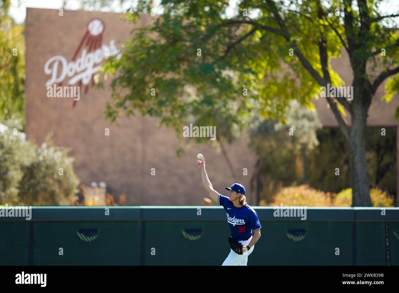 Los Angeles Dodgers starting pitcher Tyler Glasnow throws during spring ...