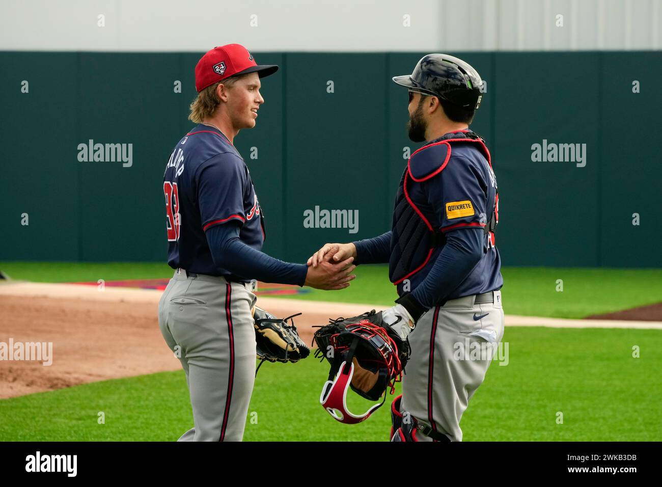 Atlanta Braves pitcher Hurston Waldrep, left, greets catcher Travis d ...