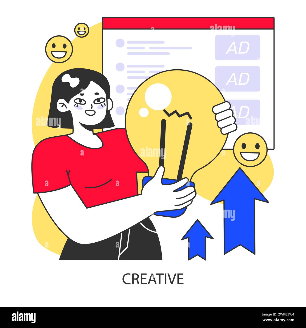 Creative process in advertising. Illustration of idea generation and ad ...