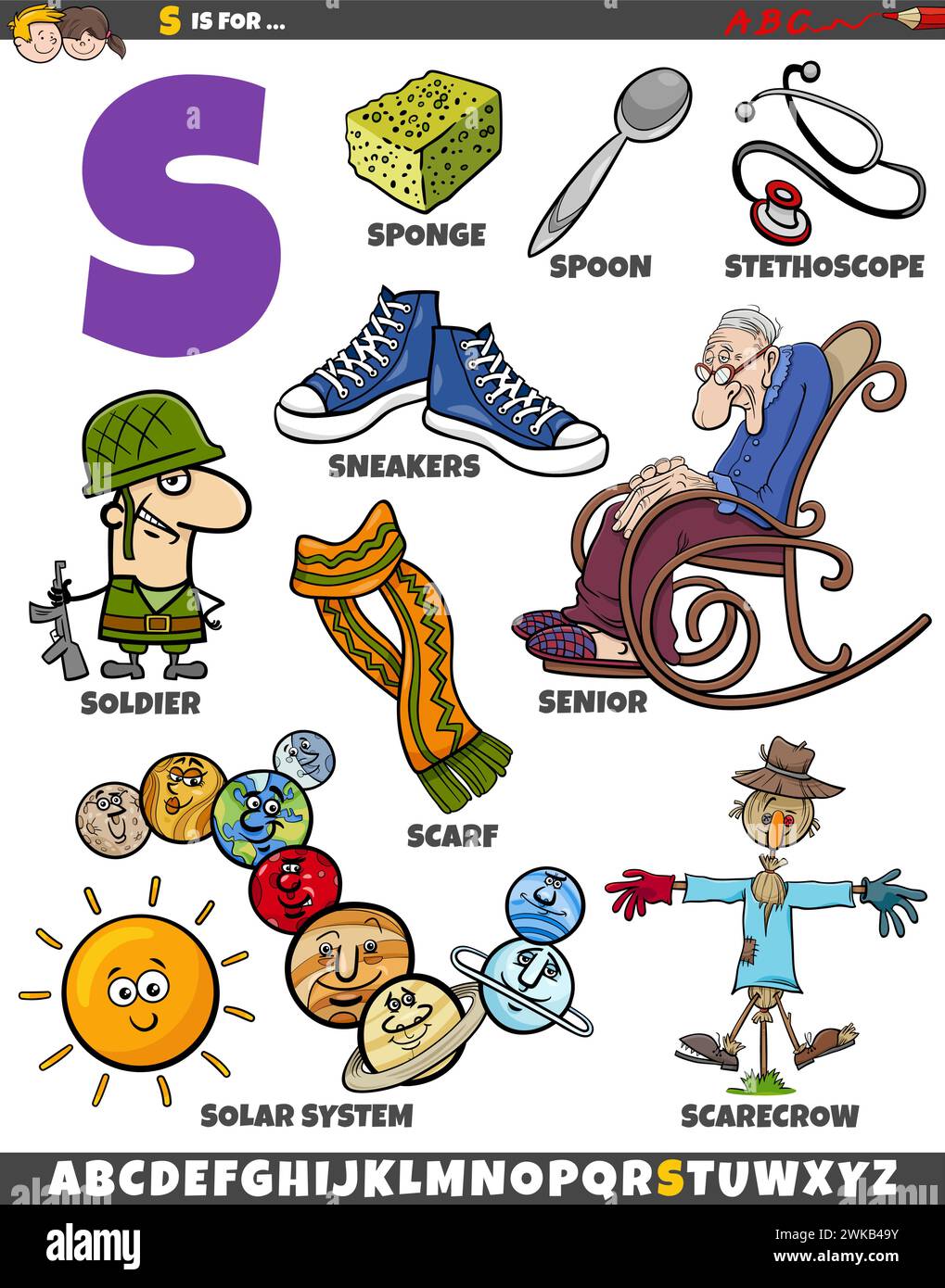 Cartoon illustration of objects and characters set for letter S Stock ...