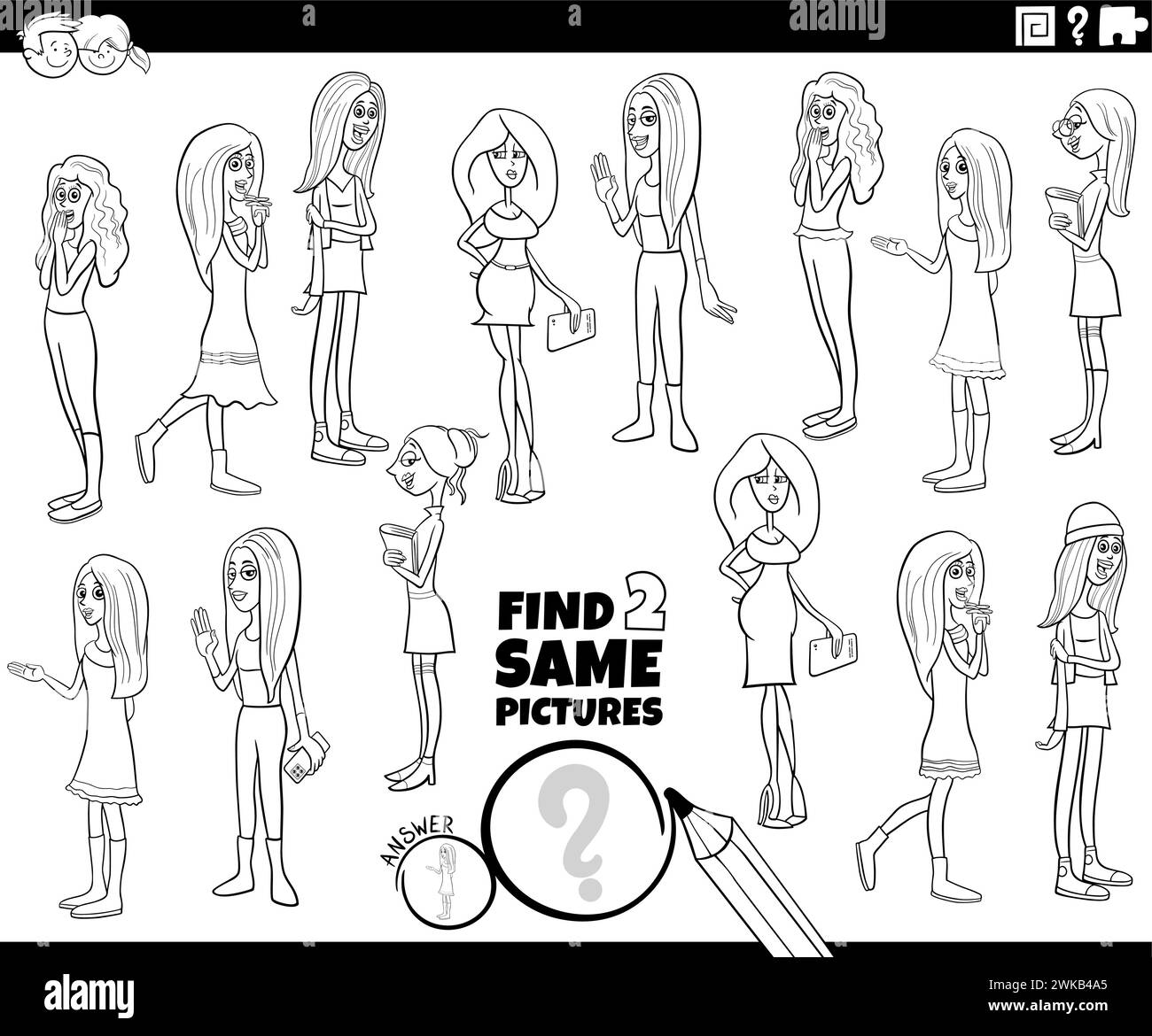 Cartoon illustration of finding two same pictures educational activity ...