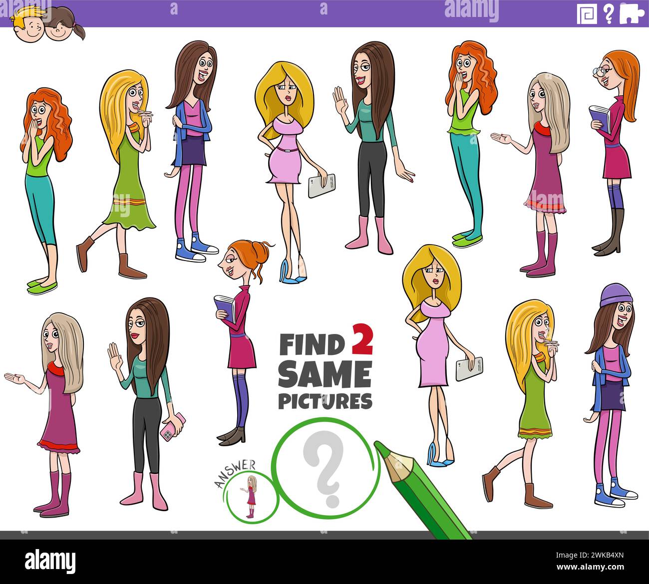 Cartoon illustration of finding two same pictures educational activity ...