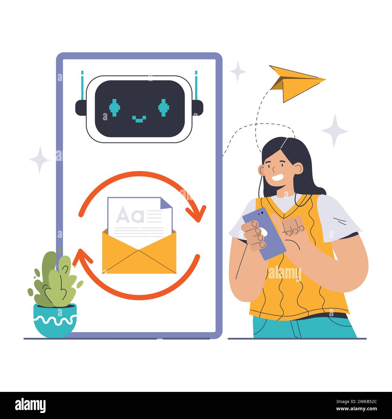 Digital Automation concept. A cheerful woman interacts with her mobile ...