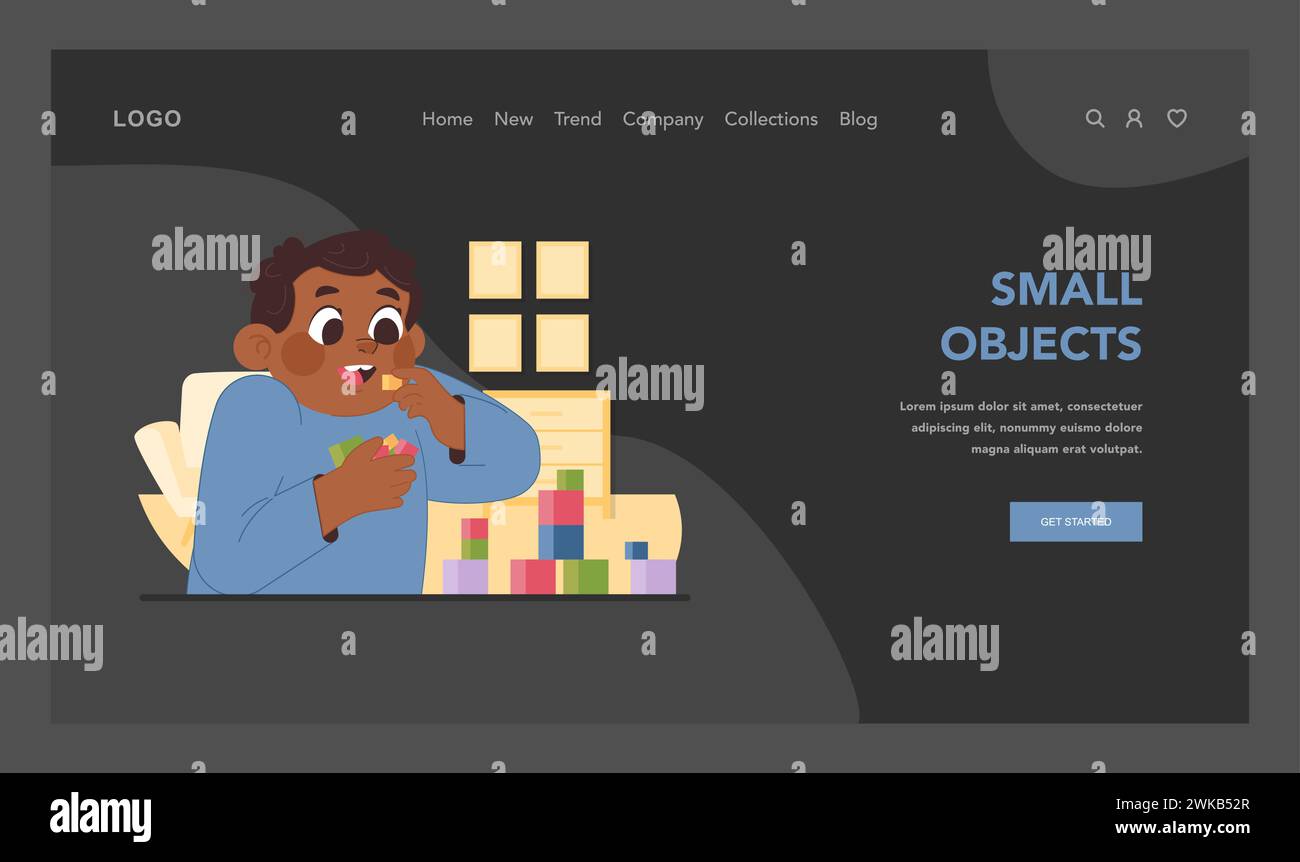 Choking hazard scenario. Young cheerful boy playing with small blocks ...