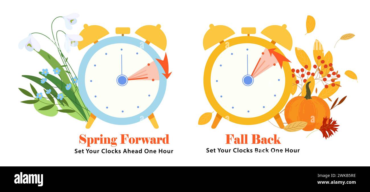 Spring Forward and Fall Back Time. Set of clocks with changing time one ...