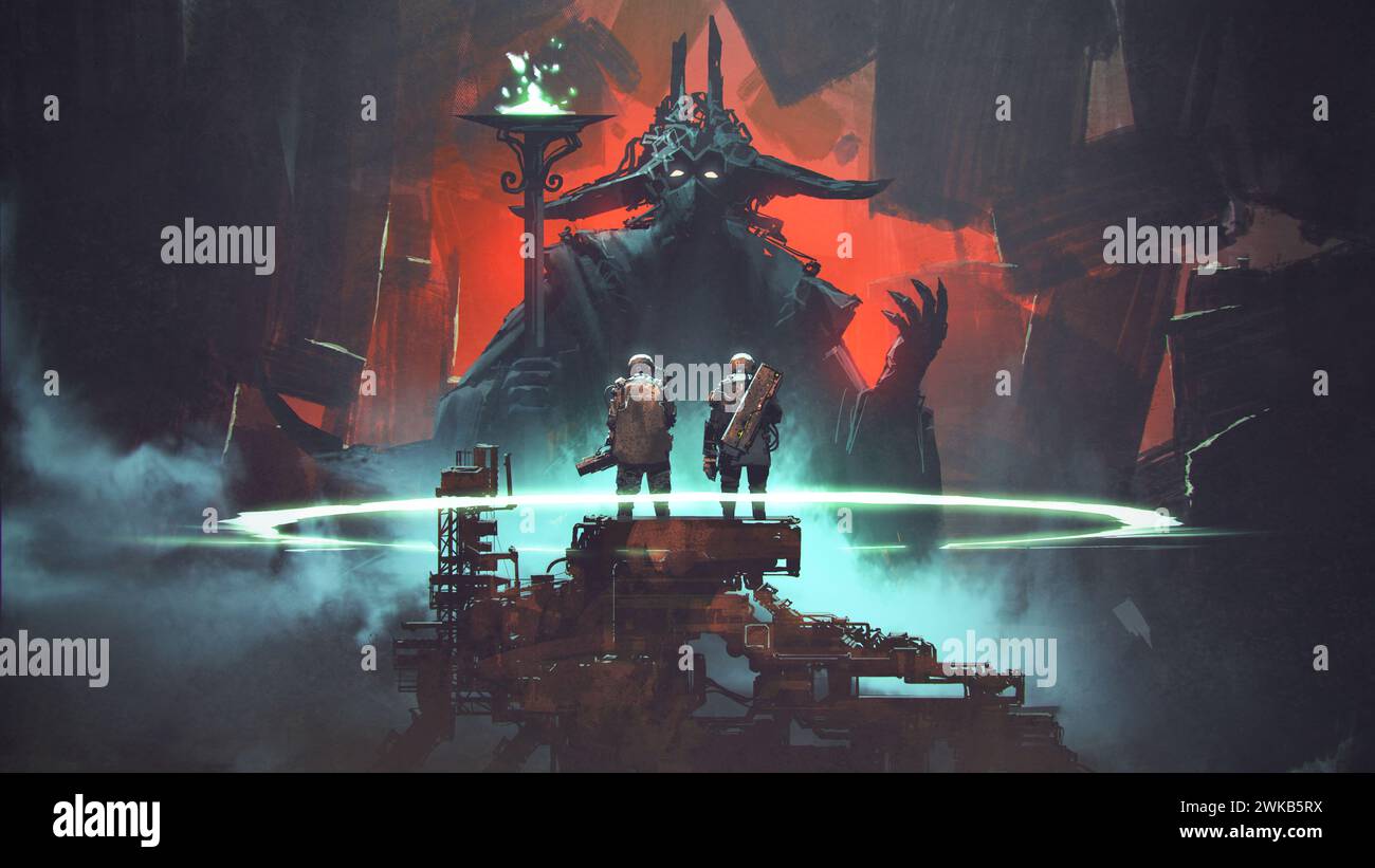 Two futuristic men standing facing the Black Emperor., digital art ...