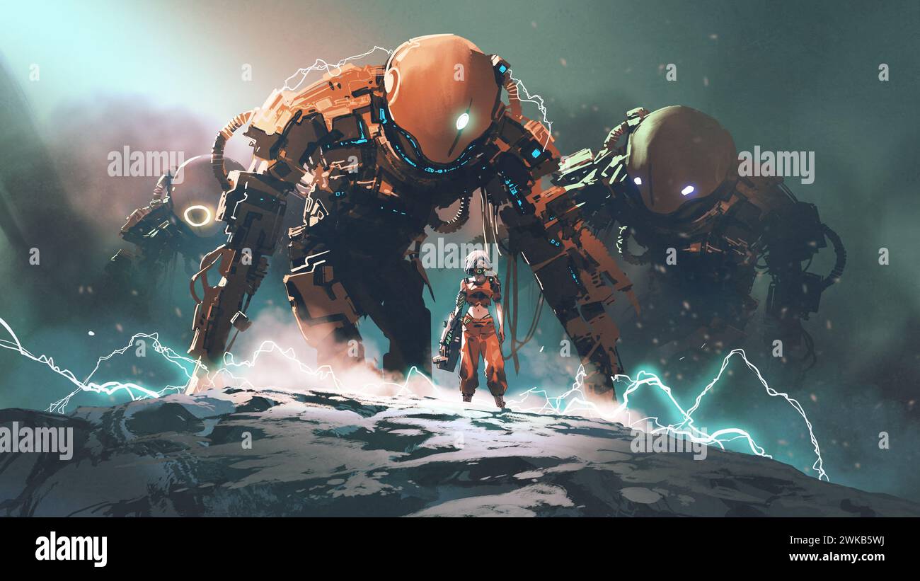 The mechanic standing in front of her robots, digital art style ...