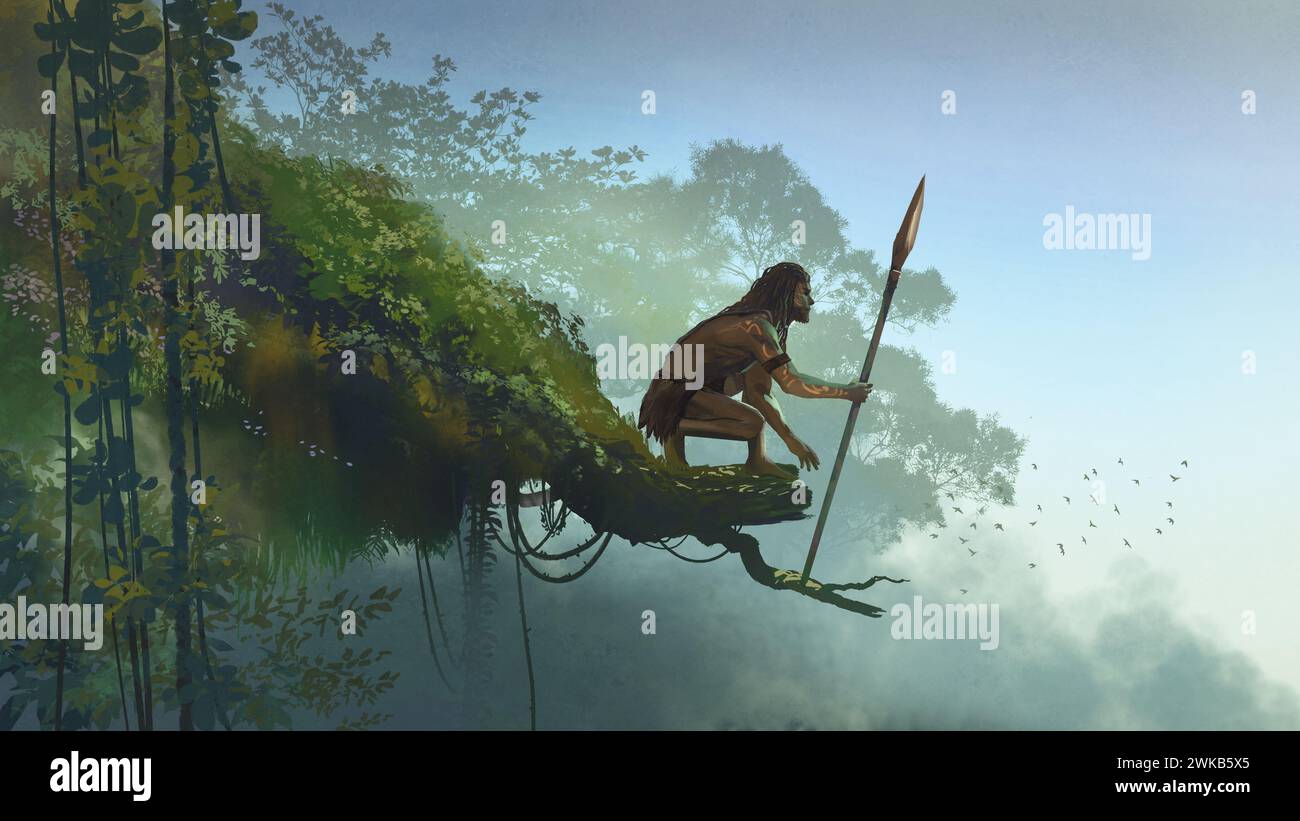 Primitive man with a spear sitting at the end of a branch., digital art ...