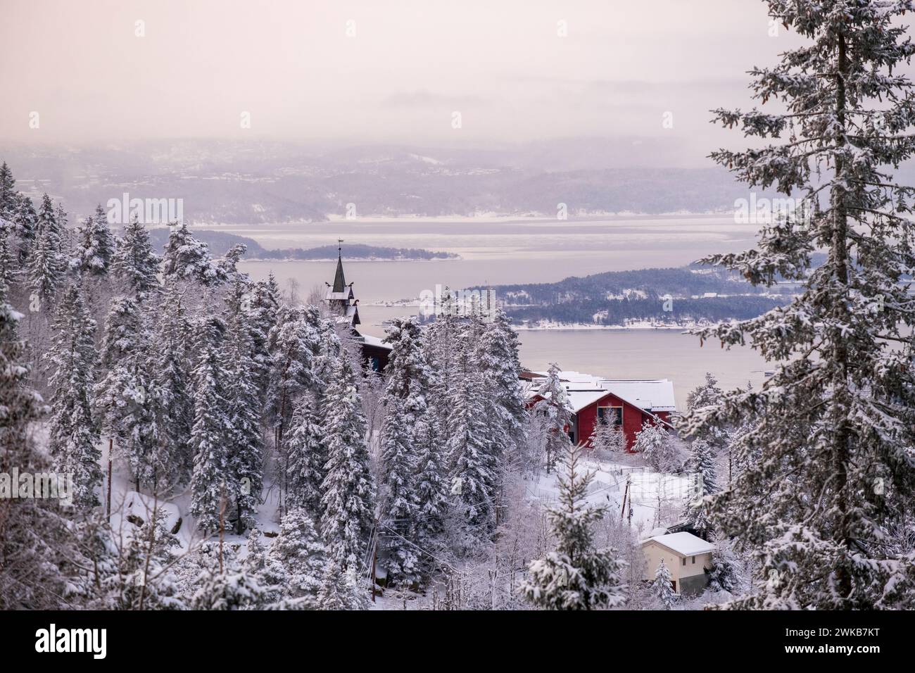View toward Oslofjord from the Holmenkollen neighborhood of Oslo ...