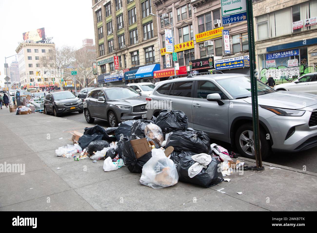Garbage to be picked up on East Broadway on the Lower East Side in New ...