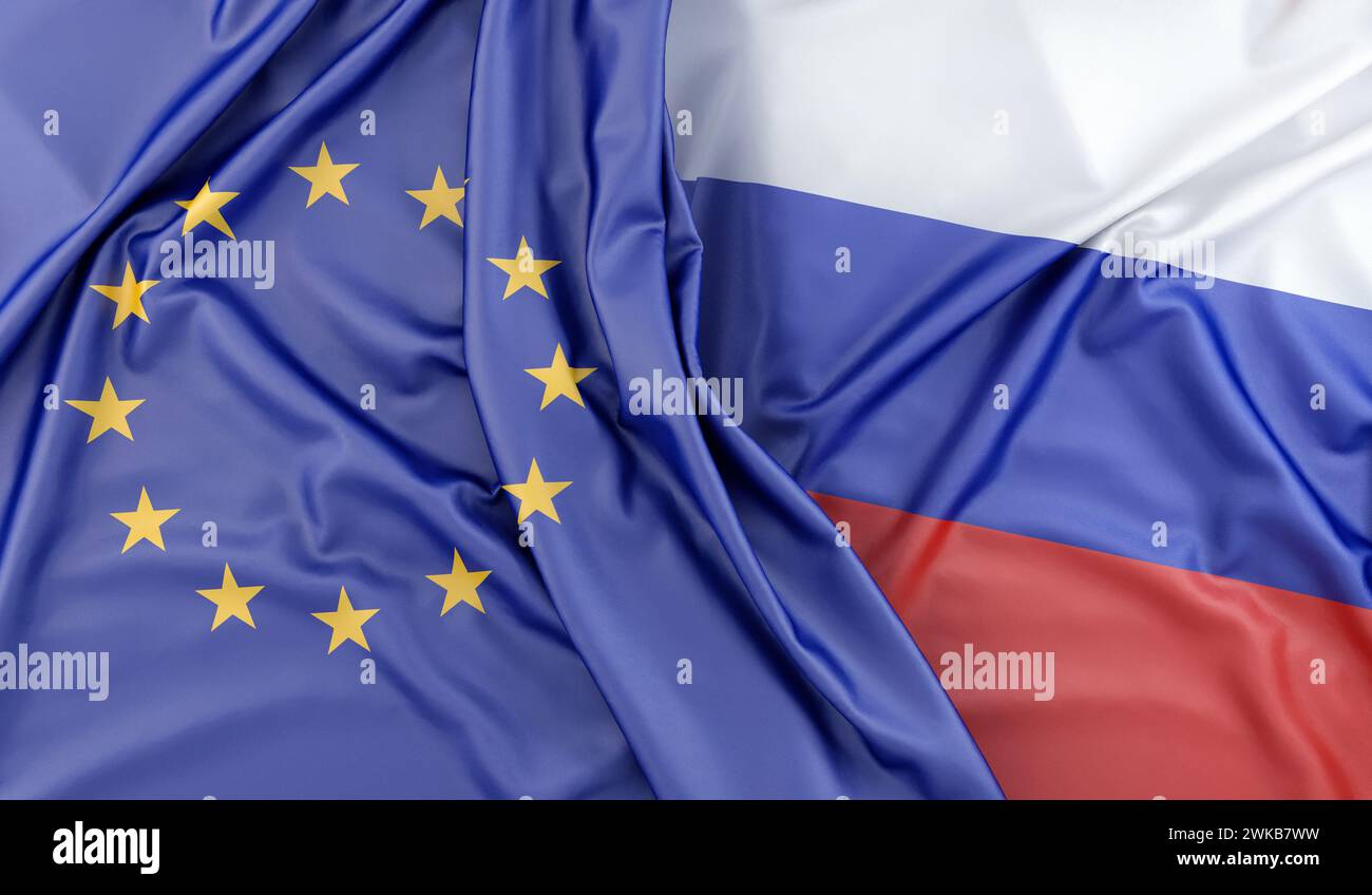 Ruffled Flags of European Union and Russia. 3D Rendering Stock Photo ...