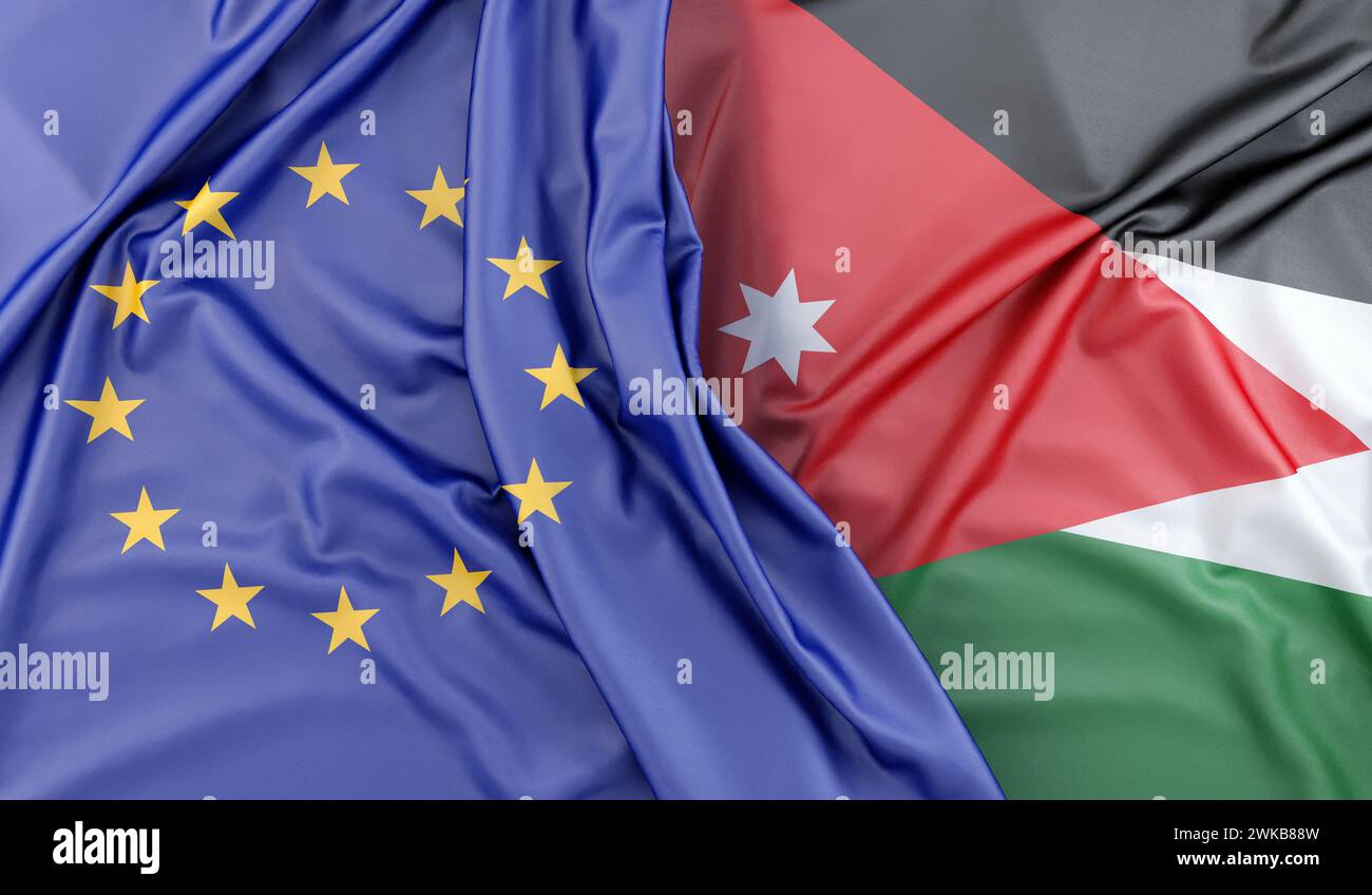 Ruffled Flags of European Union and Jordan. 3D Rendering Stock Photo ...