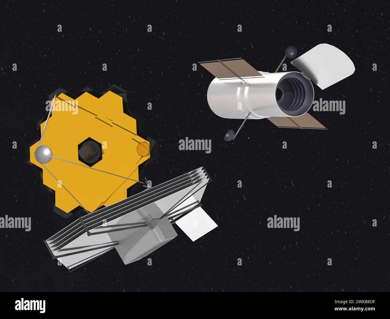 JWST and Hubble space telescopes in outer space. Elements of this 3D rendered illustration were ...